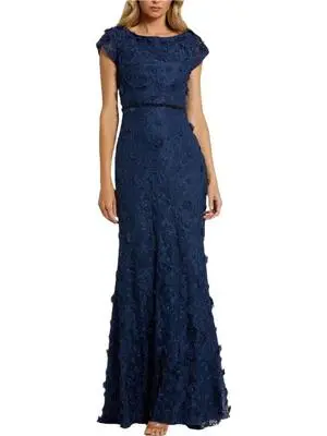 Mac Duggal Floral Appliqué Boat Neck Gown - Midnight