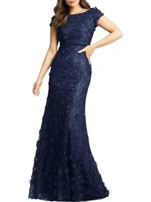 Mac Duggal Floral Appliqué Boat Neck Gown - Midnight