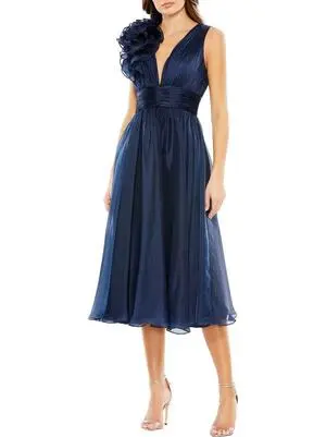 Mac Duggal Sleeveless Chiffon A-line Tea Length Dress - Midnight
