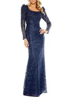 Mac Duggal Embroidered Applique Trumpet Gown - Midnight