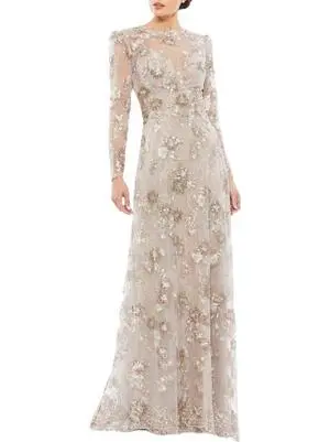 Mac Duggal Floral Embroidered Illusion Long Sleeve Gown - Mocha