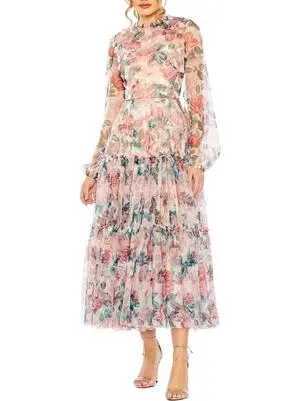 Mac Duggal Long Sleeve Midi Dress - White Multi