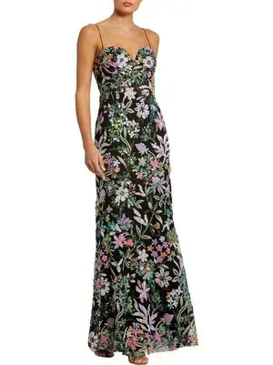 Mac Duggal Floral Embroidered Bustier Trumpet Gown - Black Multi