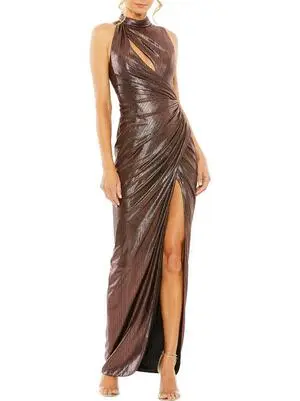 Mac Duggal High Neck Sleeveless Halter Gown - Mocha