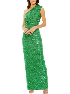 Mac Duggal Sequin One Shoulder Evening Gown - Green