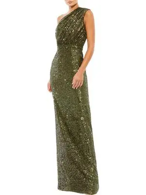 Mac Duggal Sequin One Shoulder Evening Gown - Olive