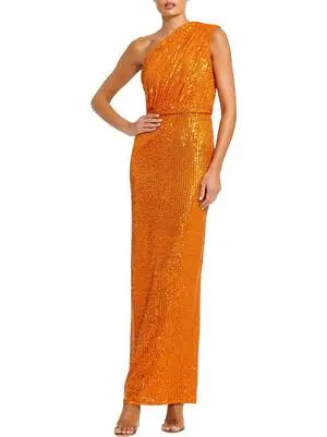 Mac Duggal Sequin One Shoulder Evening Gown - Orange