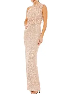 Mac Duggal Sequin One Shoulder Evening Gown - Rose Pink