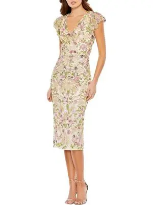 Mac Duggal Floral Embellished Flutter Cap Sleeve Dress - Cream Multi