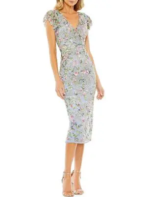Mac Duggal Floral Embellished Flutter Cap Sleeve Dress - Slate Blue Multi