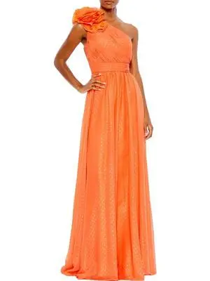 Mac Duggal One-Shoulder Polka Dot Chiffon Gown With Ruffle Detail Tangerine