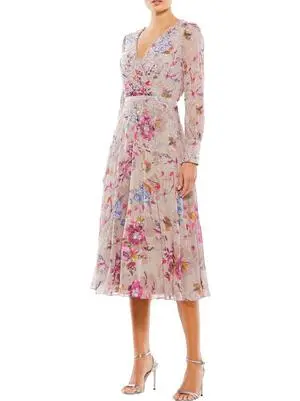 Mac Duggal Long Sleeve Floral Midi Dress - Mauve Multi