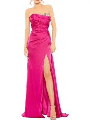 Mac Duggal Strapless Embellished Satin Gown - Magenta
