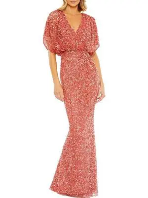 Mac Duggal Draped Sleeve Sequin V-Neck Gown Paprika