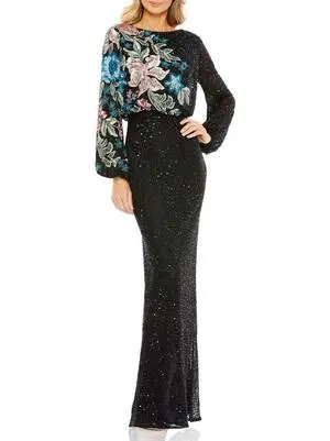 Mac Duggal High Neck Floral Sequin Gown - Black Multi