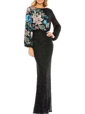 Mac Duggal High Neck Floral Sequin Gown - Black Multi
