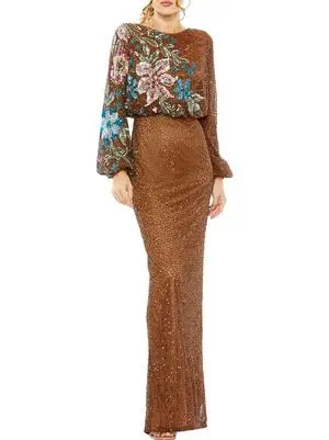 Mac Duggal High Neck Floral Sequin Gown Mocha