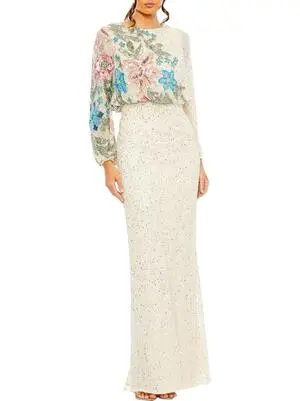 Mac Duggal High Neck Floral Sequin Gown - Nude Multi