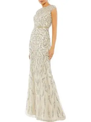 Mac Duggal Embellished Illusion Column Gown - Silver Nude