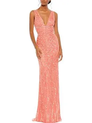 Mac Duggal Sequined Plunge Neck Column Gown - Coral