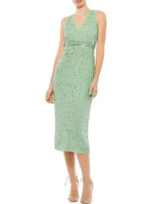 Mac Duggal Sequined Sleeveless V-neck Midi Sheath Dress - Sage