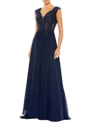 Mac Duggal Appliqued Bodice Flowy Gown - Navy