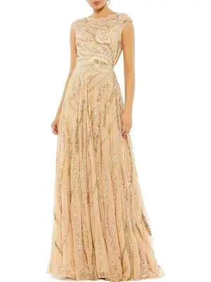 Mac Duggal Mac Duggal Cap Sleeve Embellished Gown Beige Multi