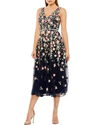 Mac Duggal V-neck Sleeveless Floral Beaded A-line Midi Dress - Midnight Multi