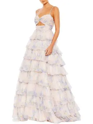 Mac Duggal Floral Cut Out Ruffle Layered Gown - Violet Multi