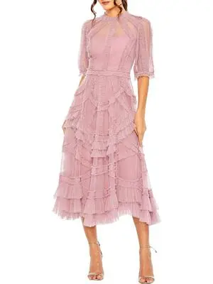 Mac Duggal High Neck Puff Sleeve Ruffle Tiered Dress - Antique Rose