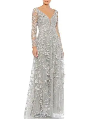 Mac Duggal Floral Applique Illusion Gown - Platinum