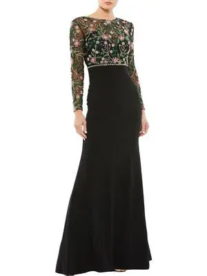 Mac Duggal Beaded Illusion Trumpet Gown - Black Multi