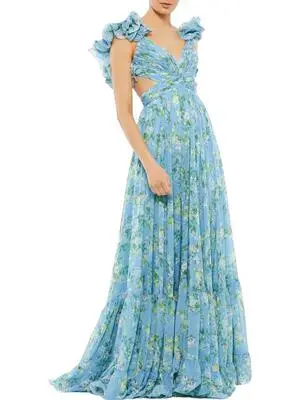 Mac Duggal Mac Duggal Ruffle Tiered Floral Cut-Out Chiffon Gown Blue Multi