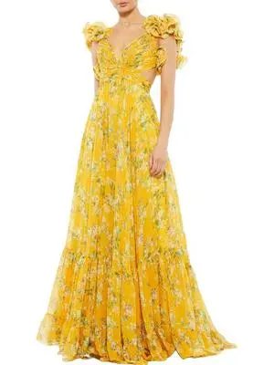 Mac Duggal Mac Duggal Ruffle Tiered Floral Cut-Out Chiffon Gown Lemon Multi