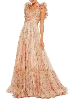 Mac Duggal Mac Duggal Ruffle Tiered Floral Cut-Out Chiffon Gown Pink Multi
