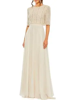 Mac Duggal Beaded 3/4 Sleeve Chiffon Gown - Champagne