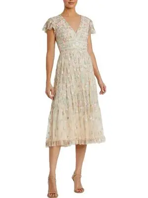 Mac Duggal Embroidered V-Neck Midi Dress Beige Multi