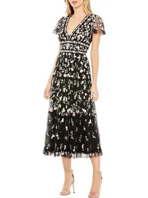 Mac Duggal Embroidered V-neck Midi Dress - Black Multi