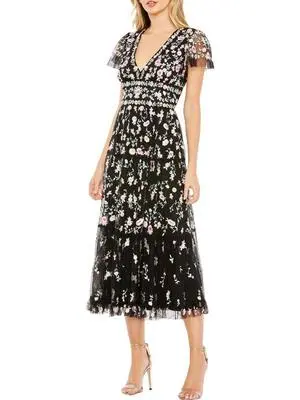 Mac Duggal Embroidered V-neck Midi Dress - Black Multi