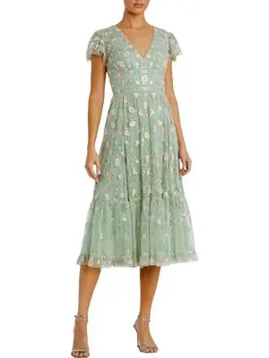 Mac Duggal Embroidered V-neck Midi Dress - Sage