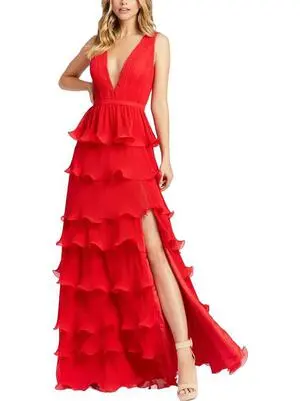 Mac Duggal Sleeveless Ruffle Tiered Gown - Red