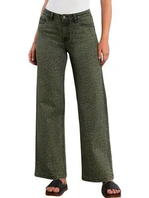 WASH LAB DENIM Animal Print Straight Leg Jeans - Green Leopard