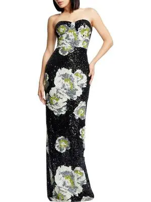 Dress The Population Vada Floral Sequin Gown - Black Multi