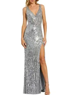 Mac Duggal Beaded Floral High Slit Sleeveless Gown - Silver