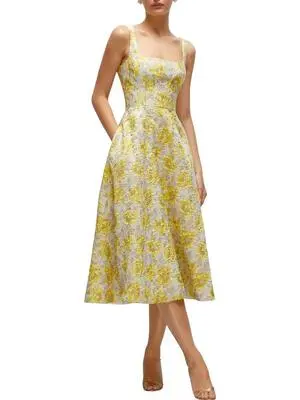 Dessy Collection Metallic Floral Jacquard Midi Dress - Golden Yellow