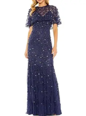 Mac Duggal Embellished Illusion Cape Sleeve Trumpet Gown - Midnight