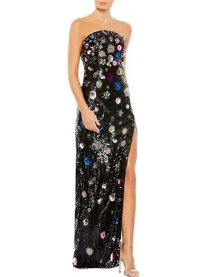 Mac Duggal Floral Sequined Strapless Column Gown - Black Multi