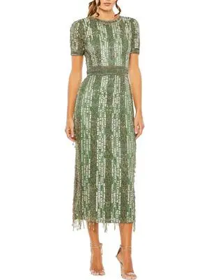 Mac Duggal High Neck Short Sleeve Crystal Fringe Column Dress - Sage