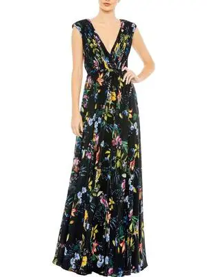 Mac Duggal Mac Duggal Pleated Floral A-Line Gown Black Multi