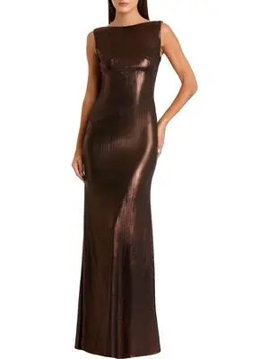 Mac Duggal Metallic Jersey Cowl Back Column Gown - Espresso